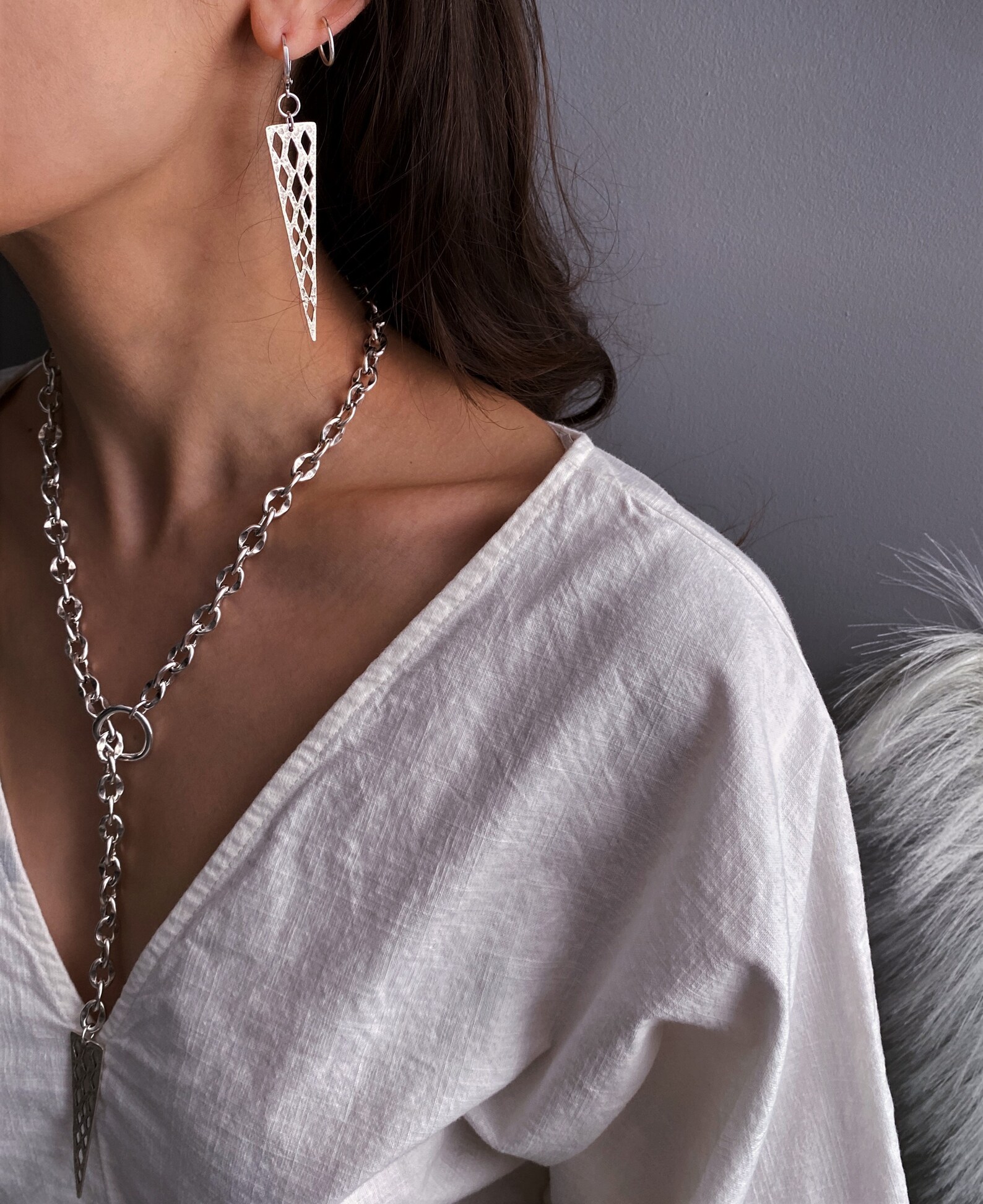 Antique Silver Chain Lariat Necklace Bold Chain Sharp - Etsy