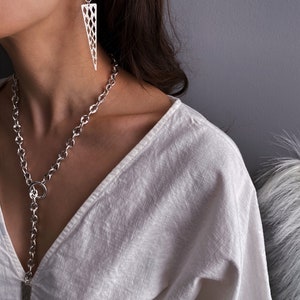 Antique Silver Chain Lariat Necklace, Bold Chain Sharp Necklace, Womens ...