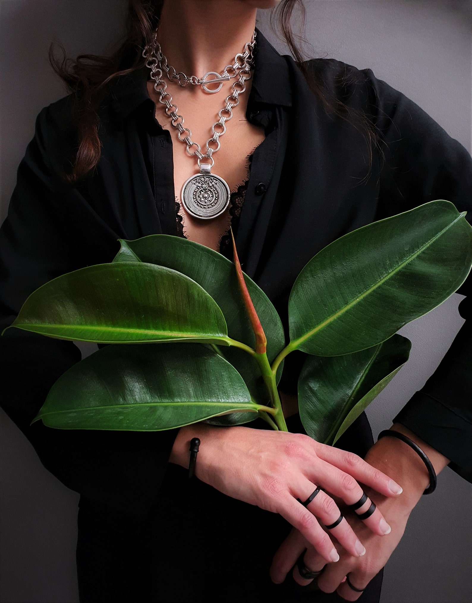 Long Statement Bold Chain Pendant Antique Silver Disk - Etsy