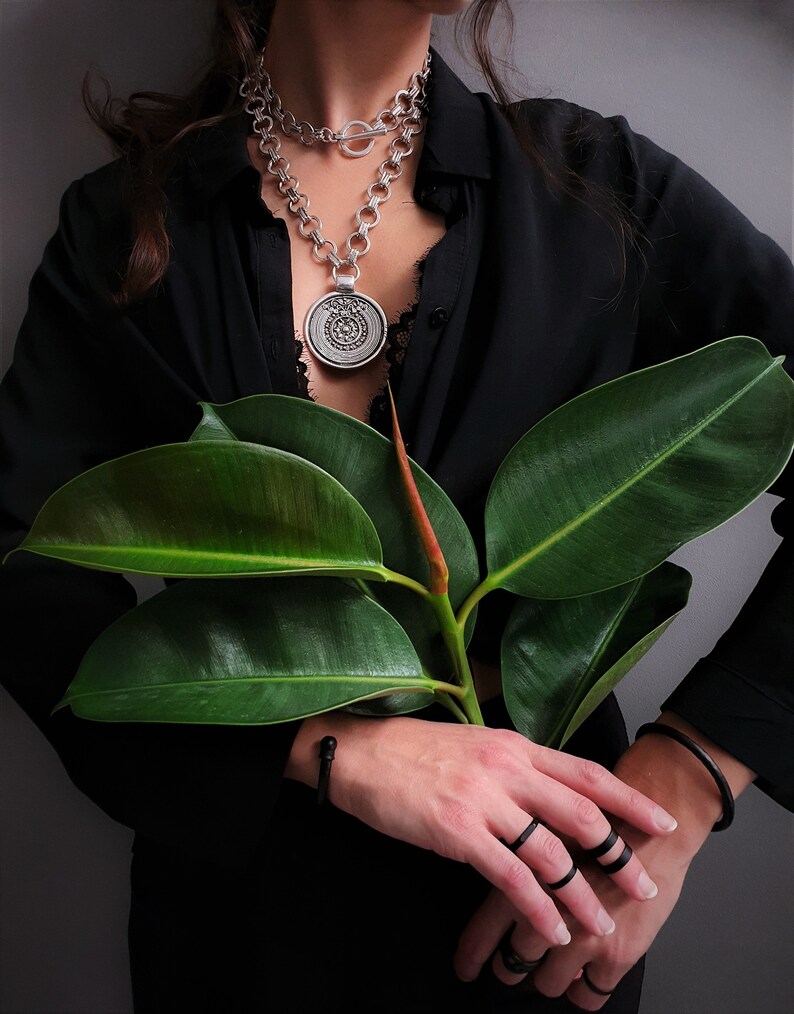 Long Statement Bold Chain Pendant Antique Silver Disk - Etsy