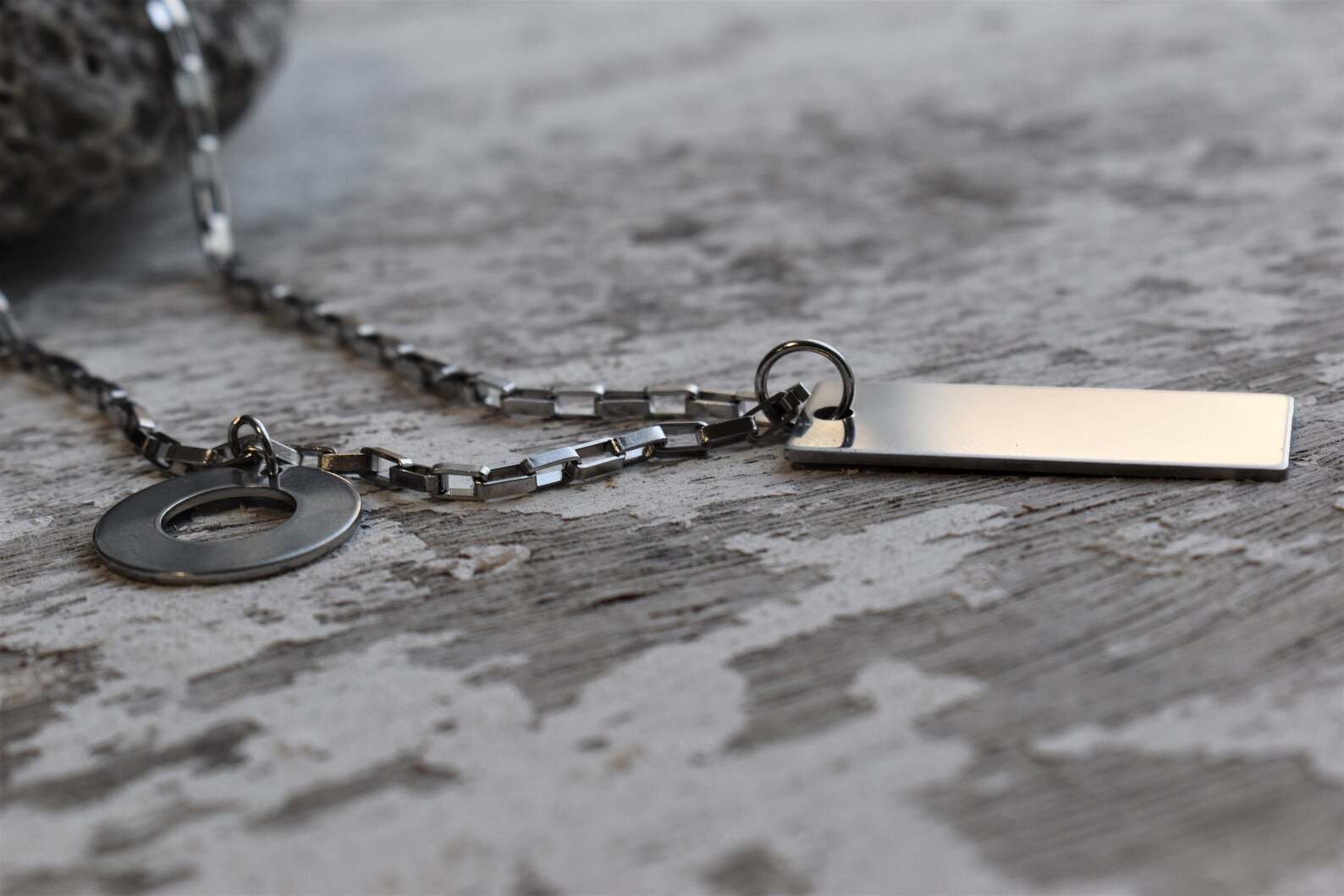 Mens Silver Square Link Chain Dog Tag Pendant Geometric - Etsy