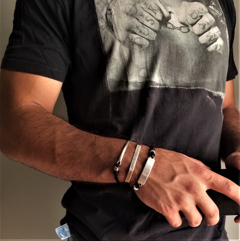 Men's silver bar leather bracelet silver tube bracelet | Etsy