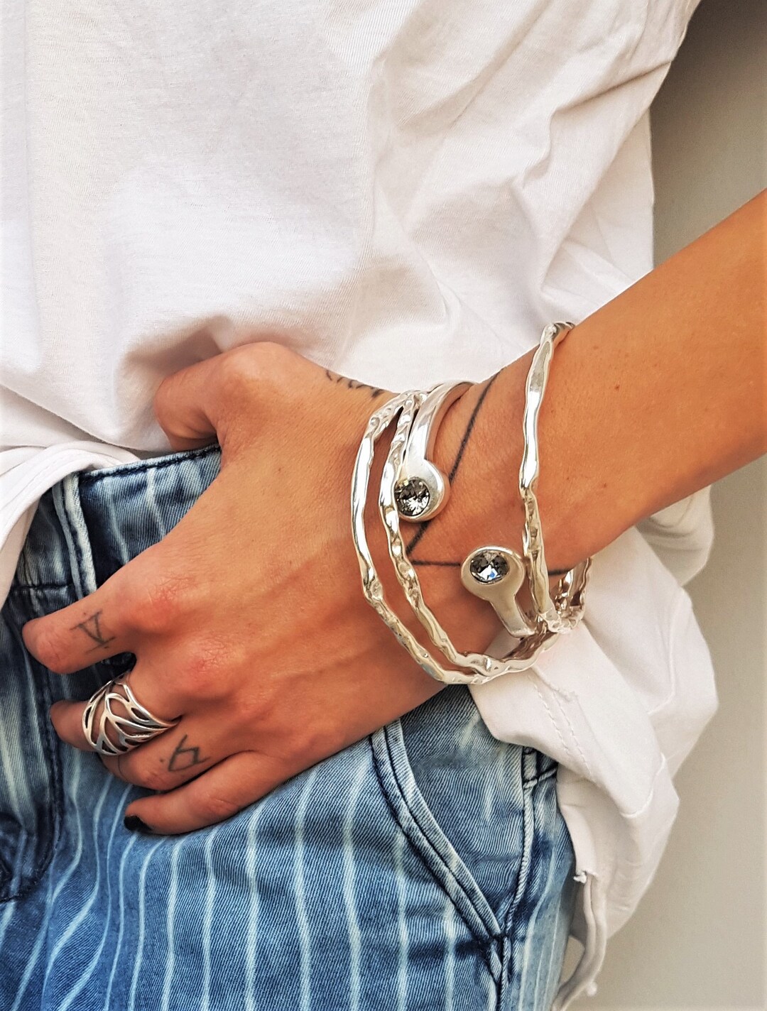Set of Three Silver Chunky Bangles, Branch Bangles, Silver Damaged ...
