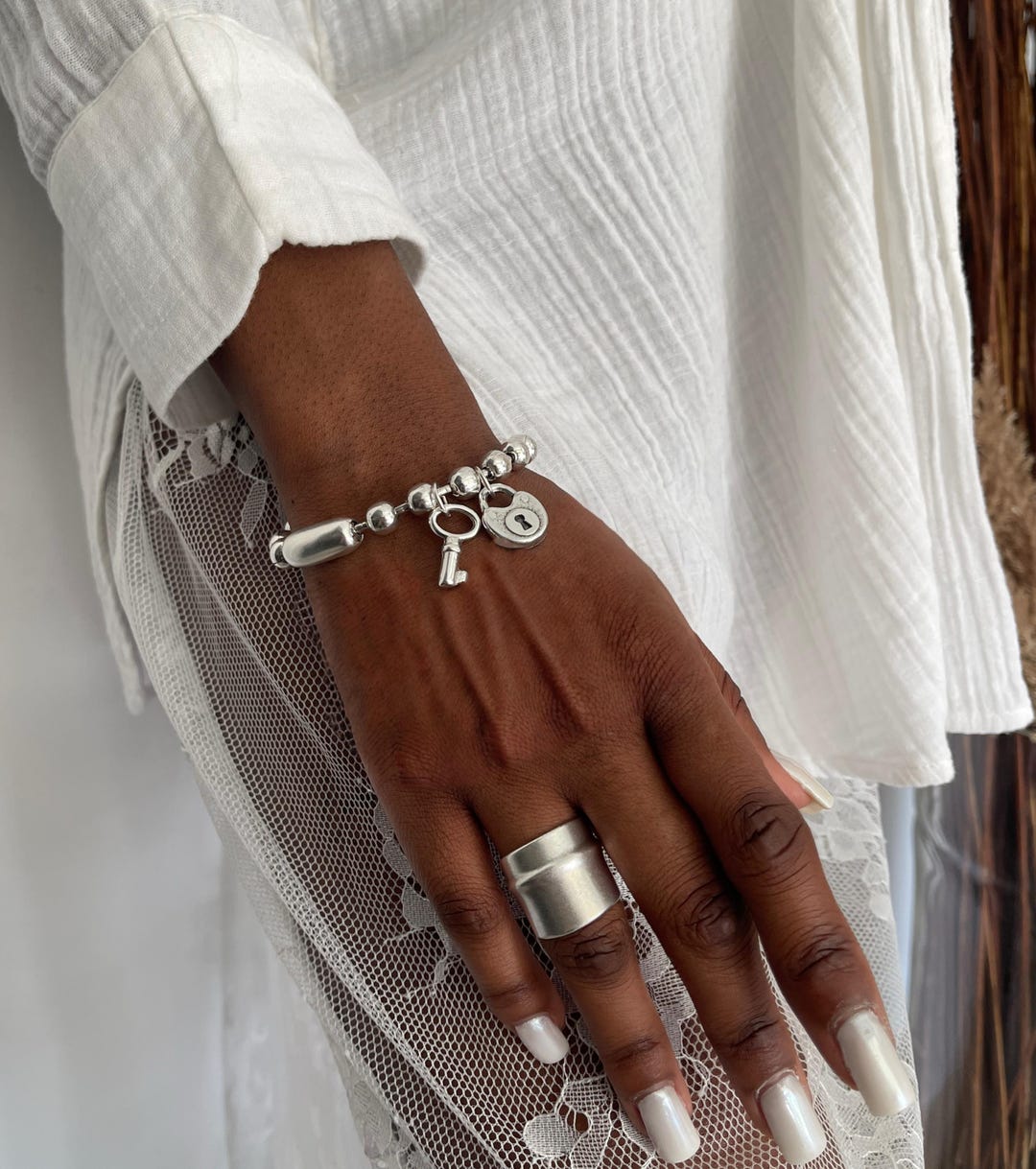 Womens Chunky Padlock and Key Ball Chain Bracelet, Silver Ball Chain ...