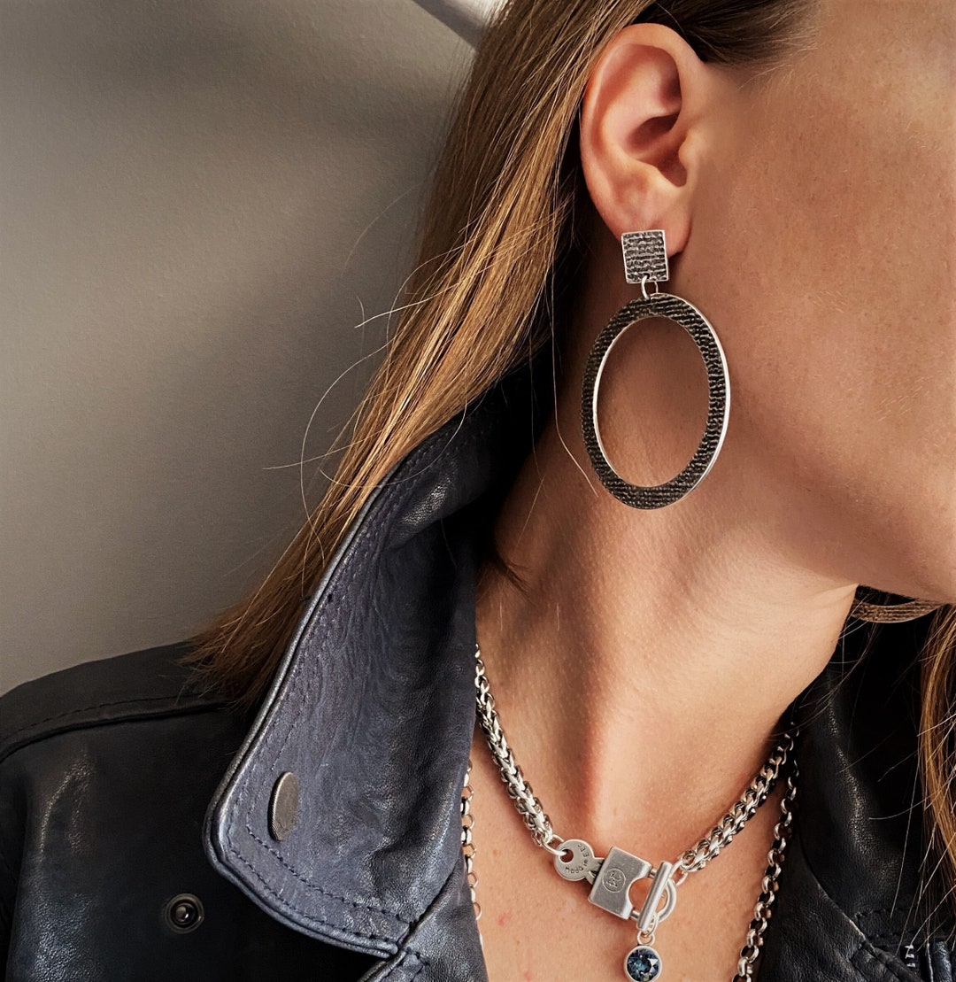 Big Circle Dangle Earrings• Engraved Loop Statement Earrings• Large ...