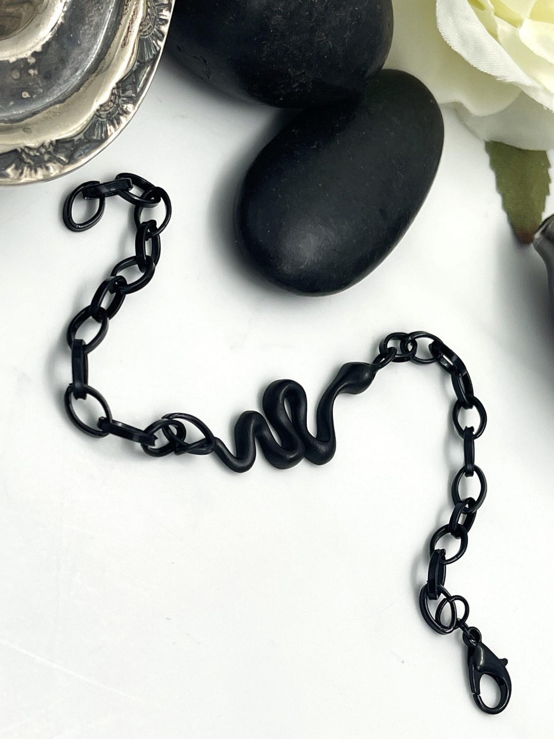 Chunky Black Snake Oval Links Chain Bracelet: Rock Style Serpent Cuff ...