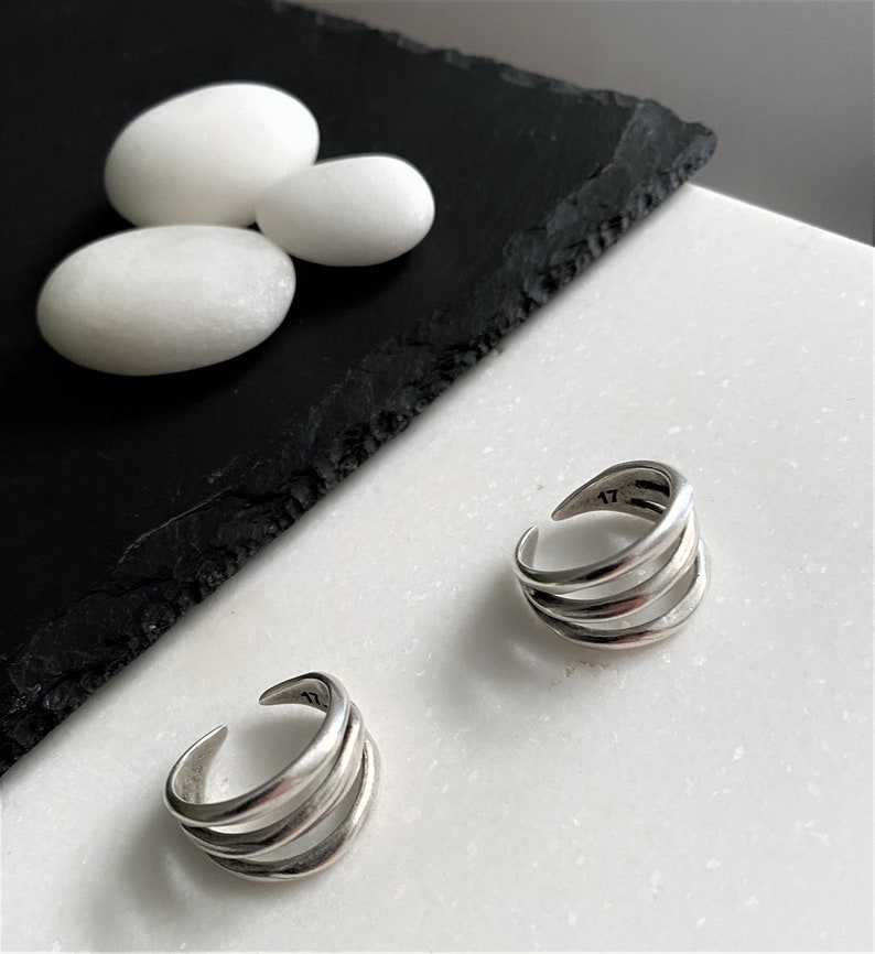 Silver Three Parallel Lines Ringcontemporary Triple Bar Open - Etsy