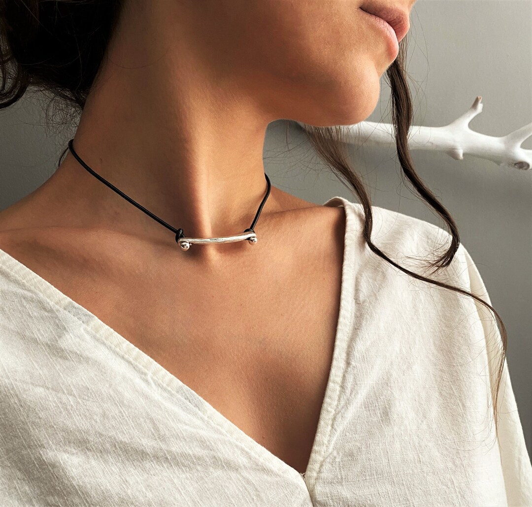Womens Silver Bar Necklace, Engraved Bar Necklace, Adjustable Leather ...