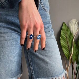 Dark Blue Oval Evil Eye Ring• Stacking Evil Eye Adjustable Ring• Daily ...