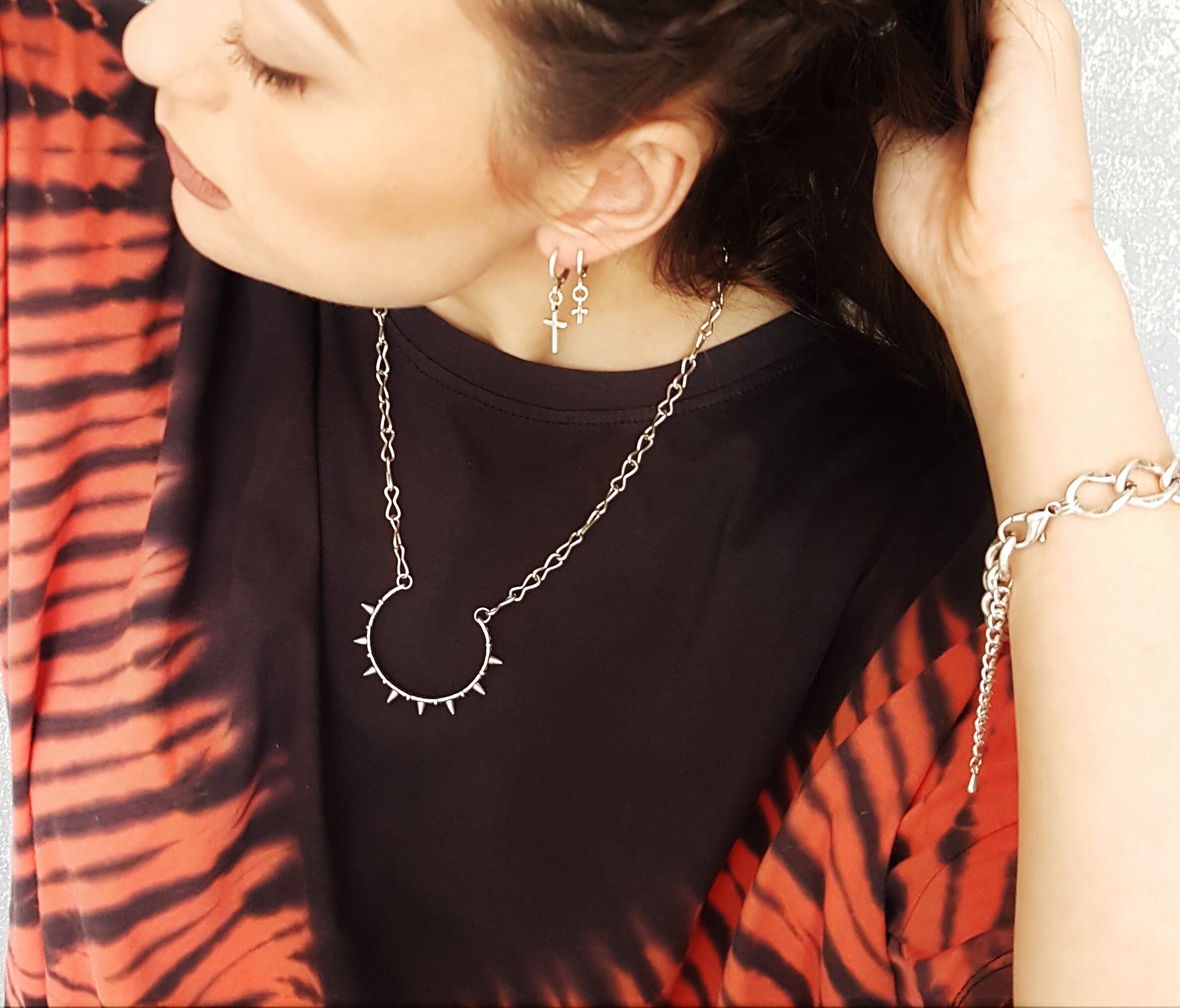 Womens silver spiked crescent moon chain necklace unique punk | Etsy