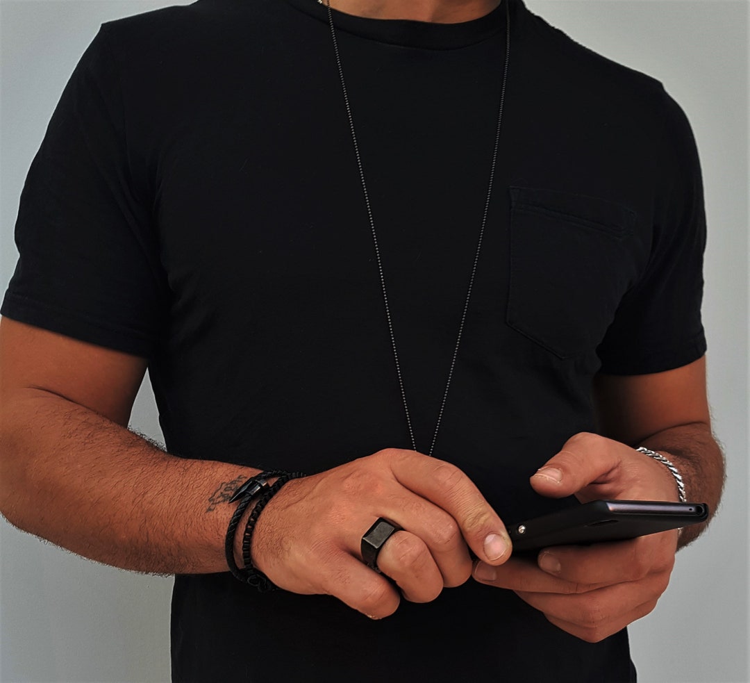 Mens Jet Black Signet Ring• Glossy Black Stainless Steel Smooth Ring ...