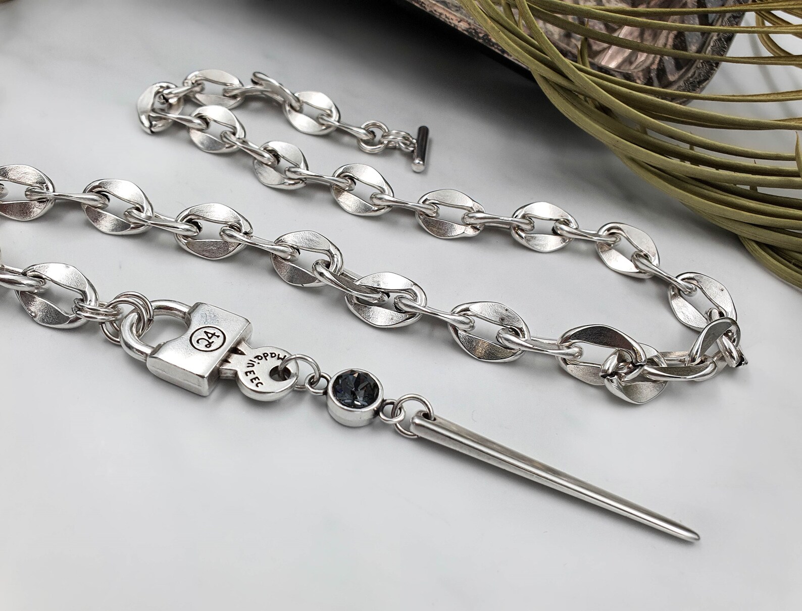 Massive Chain Sharp Padlock Swarovski Necklace, Antique Silver Lock and ...