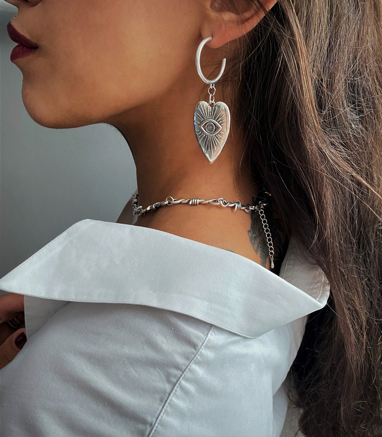 Oversized Heart Evil Eye Earrings Nazar Heart Dangle Hoop - Etsy