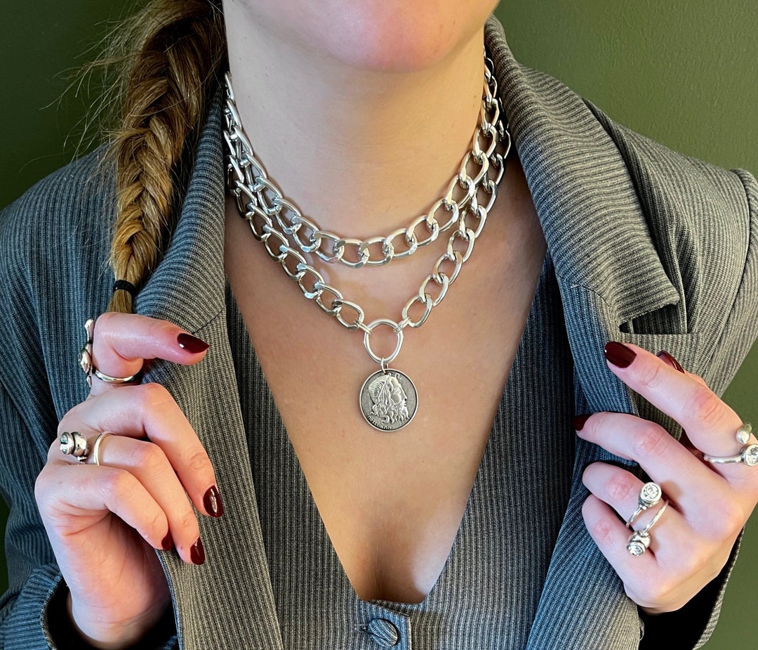 Silver Large Coin Necklace, Extra Lightweight Chain Ancient Disc ...