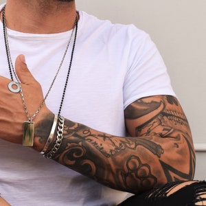 Mens Silver Square Link Chain Dog Tag Pendant, Geometric Unisex Rock ...