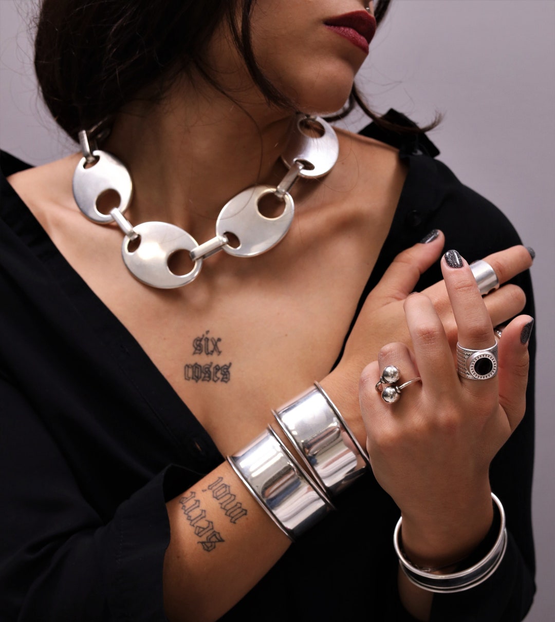 Huge Plastic Silver Plated Chain Choker, Extravagant Oversized Shiny ...