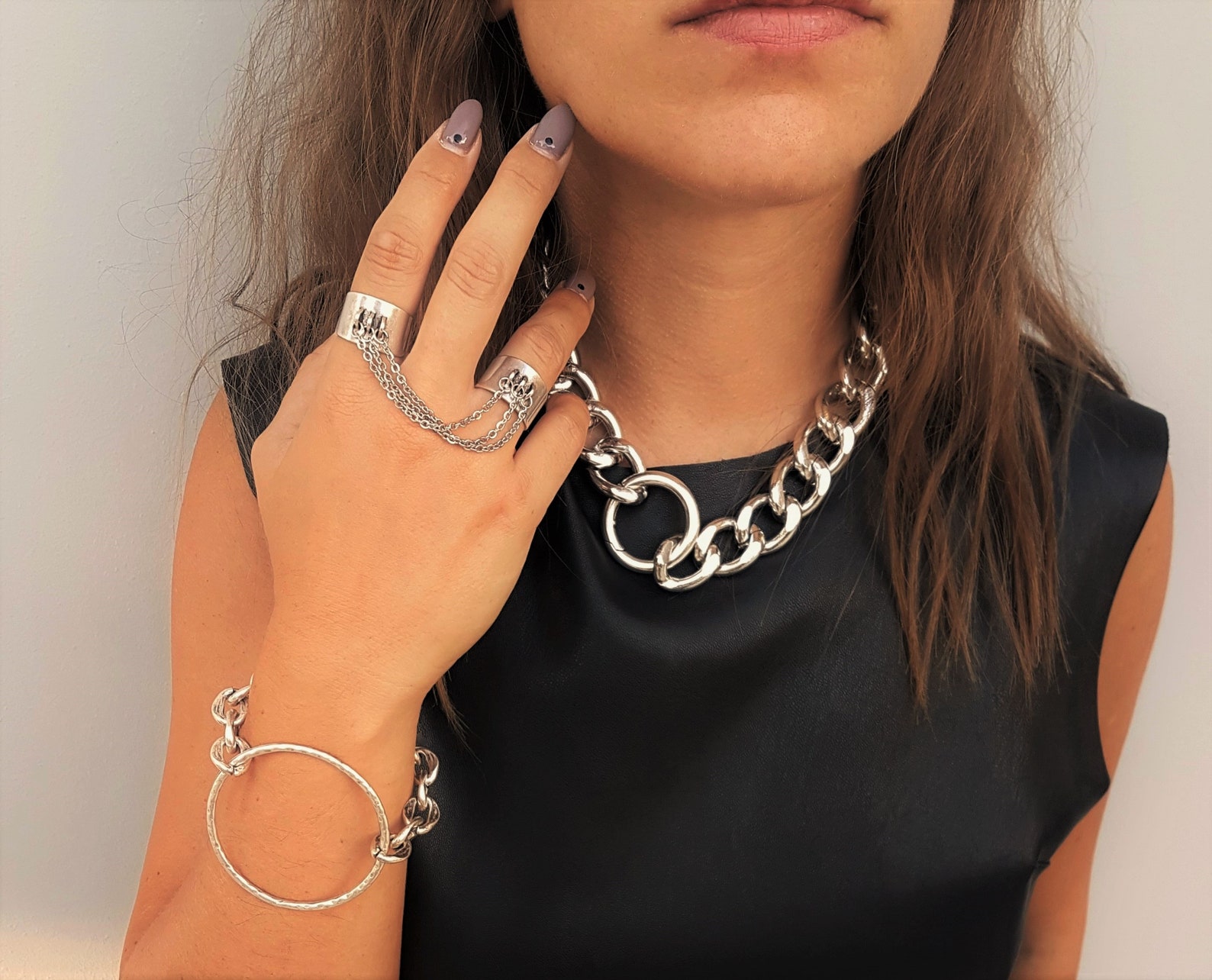 Connected Chain Ring Set Antique Silver Triple Chain Knuckle | Etsy