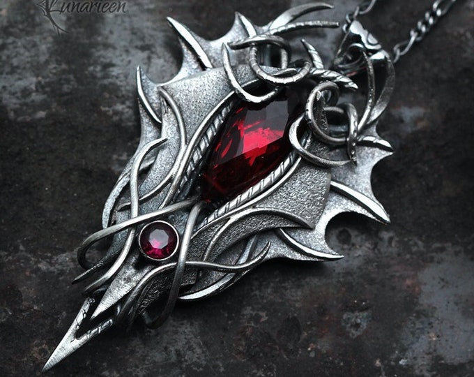 Sterling Silver, Fantasy Gothic Dragon Style Necklace Pendant, Red ...
