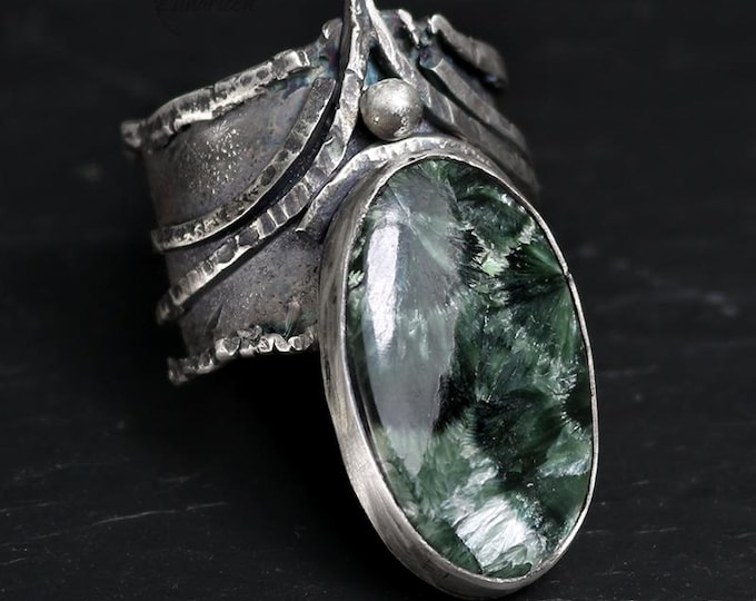 Handcrafted Brutalist Ring Textured Modern Seraphinite Artisan Jewelry Oxidized Sterling Silver ...