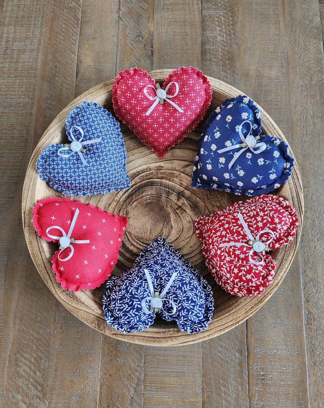 Set of 6 Fabric Stuffed Hearts/red and Blue Mix - Etsy