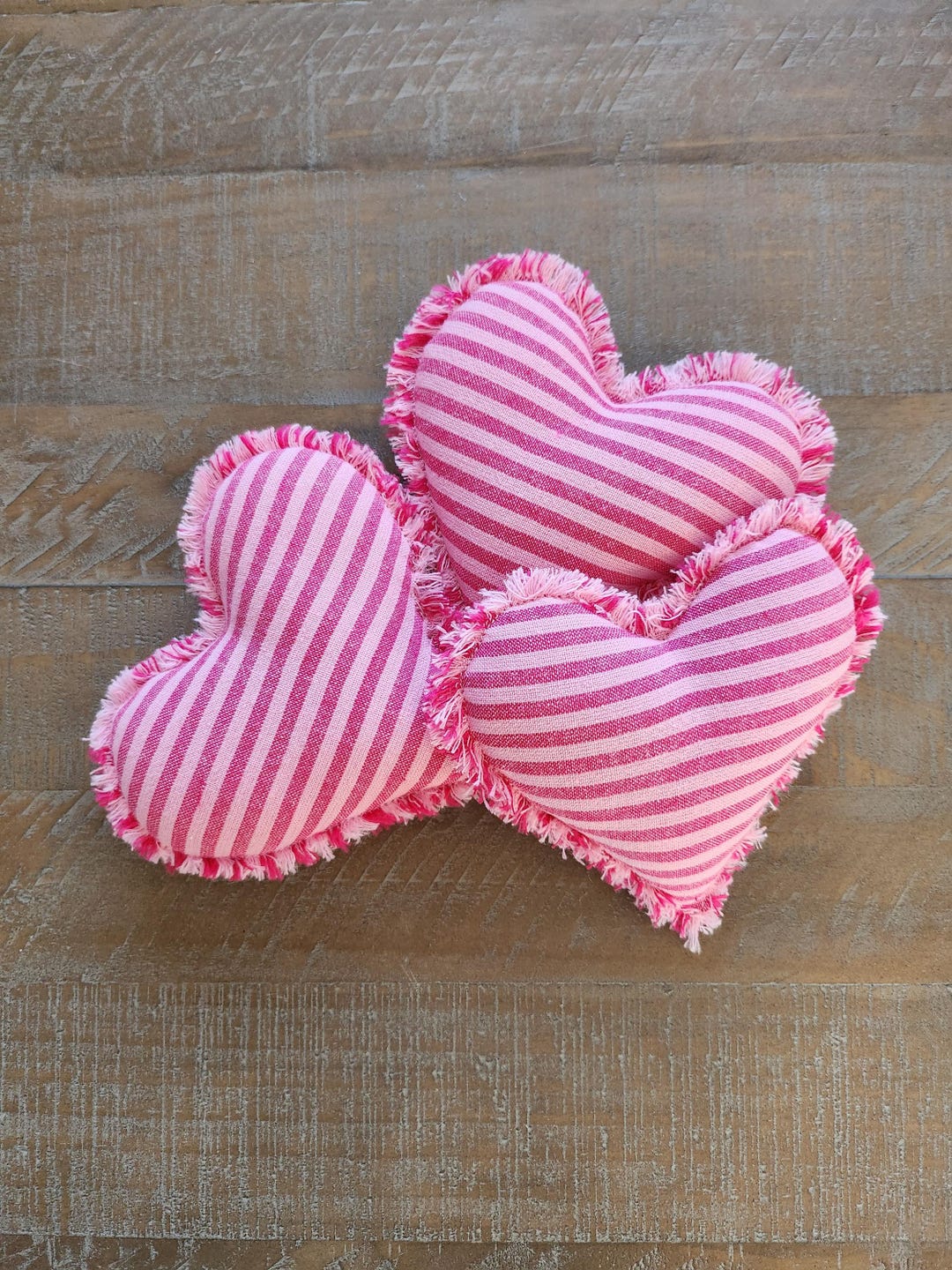 Set of 3 Pink Striped Homespun Frayed Edge Hearts/4-inch Fabric Hearts ...