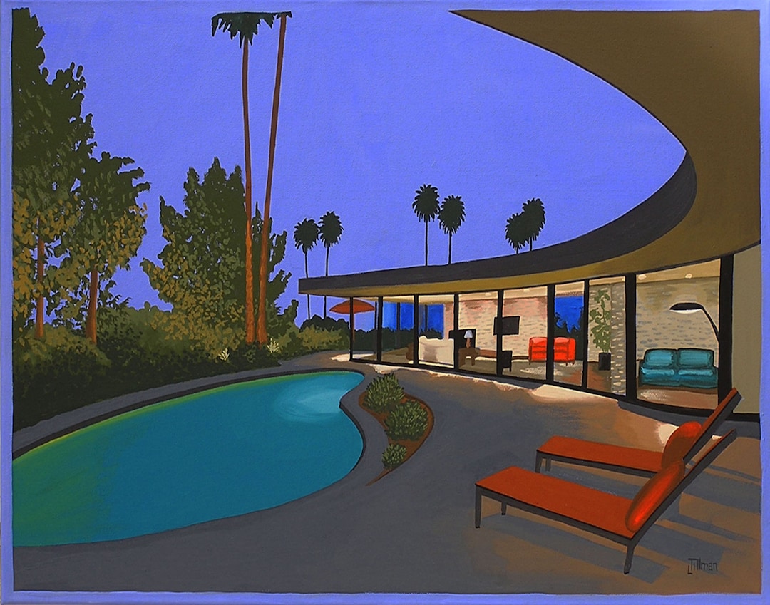 Mid Century Modern Print Circular Patio at Sunset Kidney Shaped Pool ...