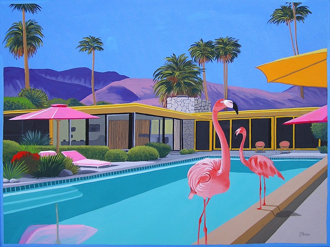 Flamingos Pool Patio Print Mid Century Modern Ranch House Architecture ...