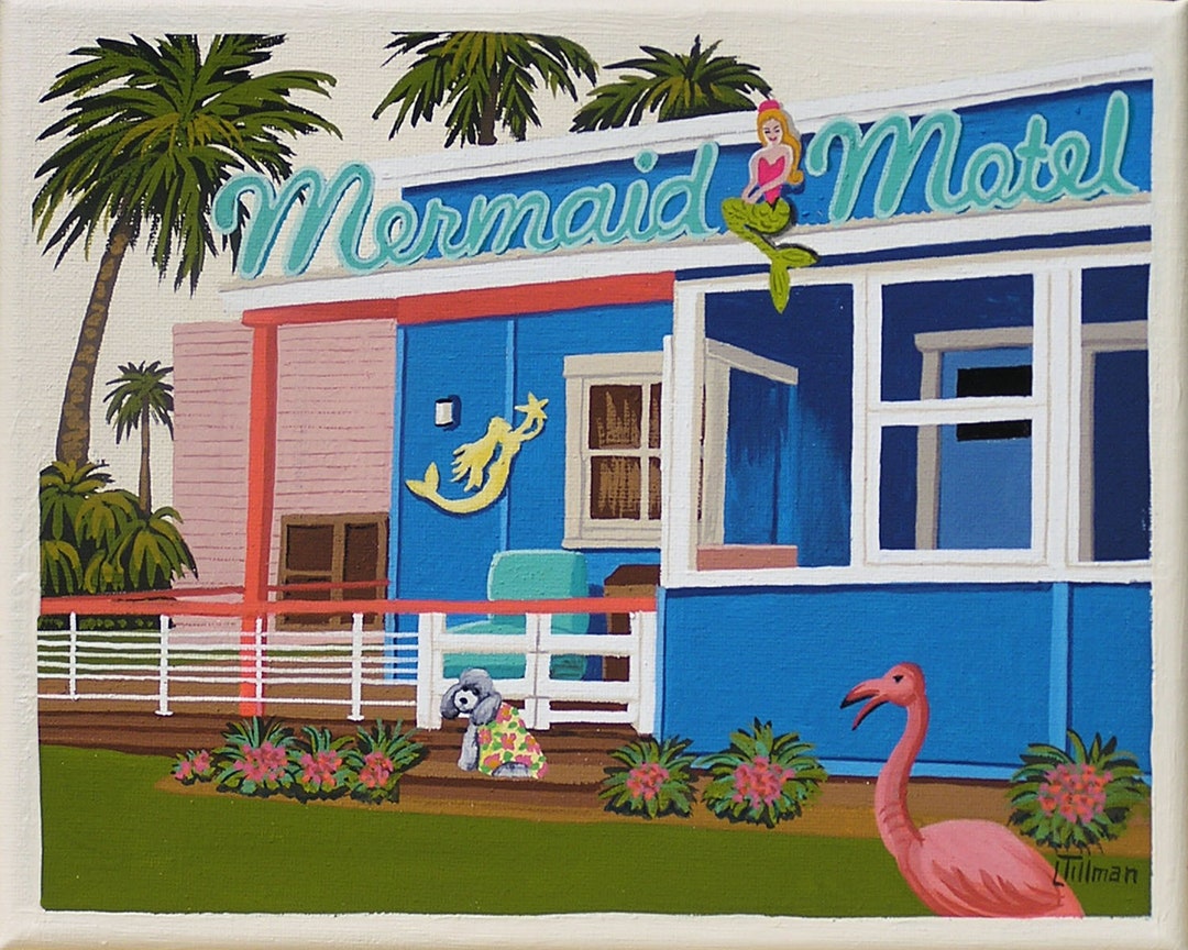 Seaside Motel Print Mermaid Flamingo Mid Century Modern Limited Edition ...