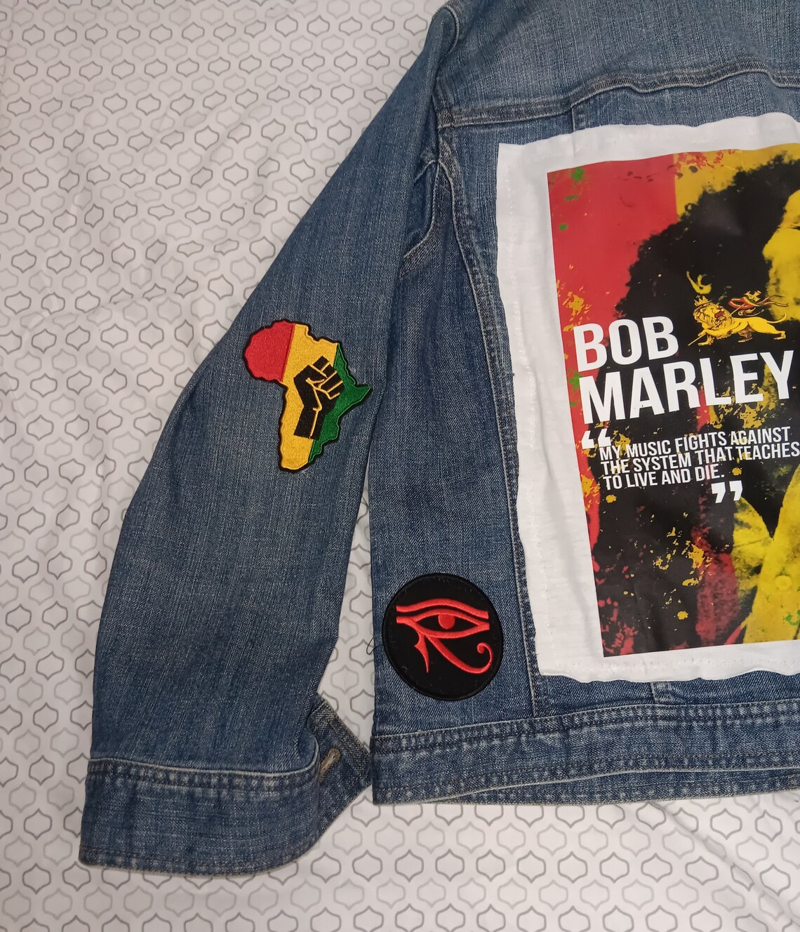 Bob Marley Patchwork Denim Jacket, Bob Marley Tribute, Eco-friendly ...