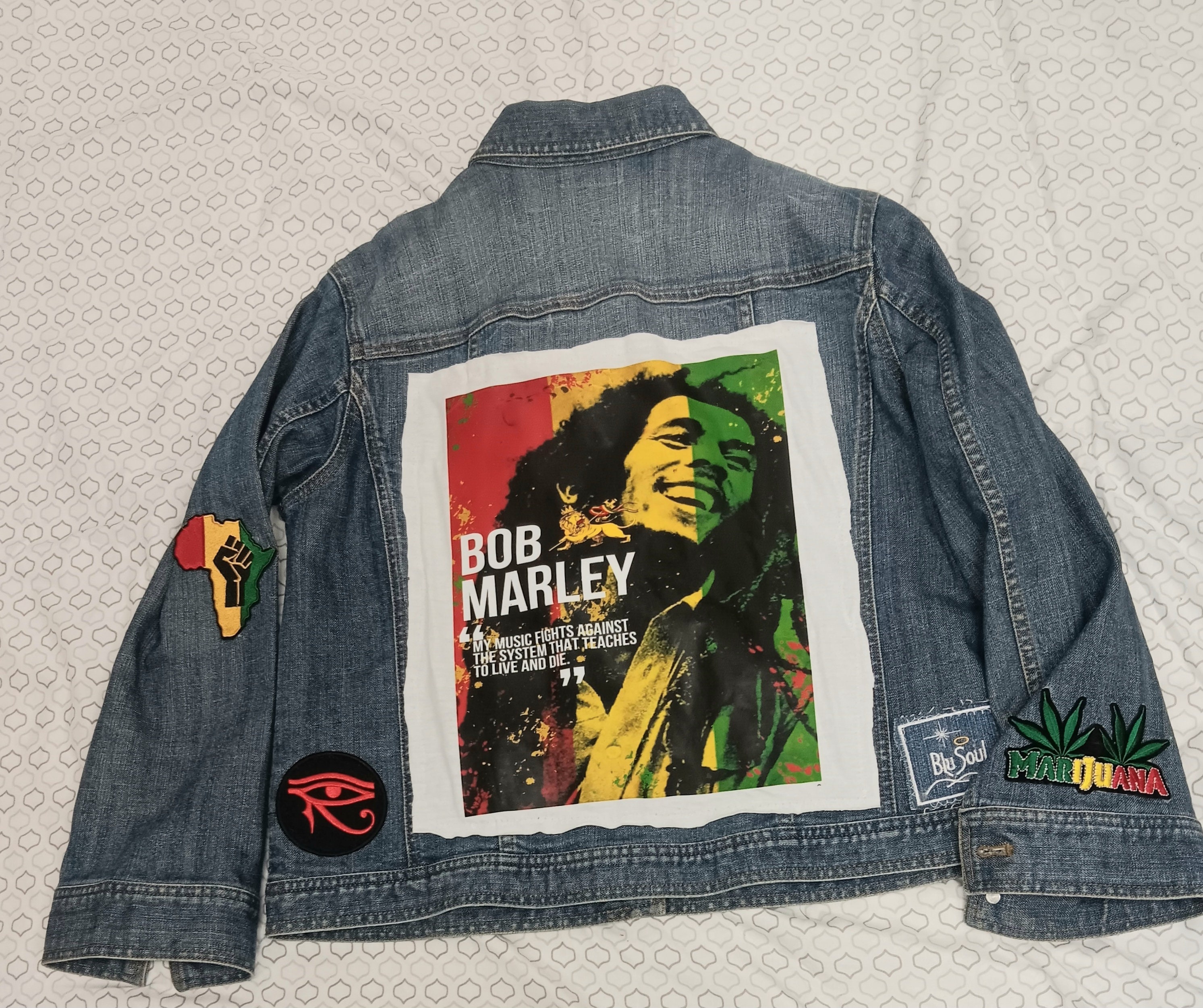Bob Marley Patchwork Denim Jacket, Bob Marley Tribute, Eco-friendly ...