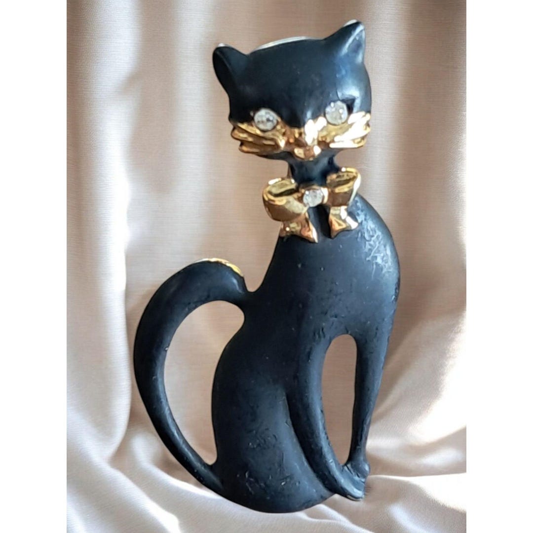 Vintage 1970's Black Enamel Cat Brooch - Etsy