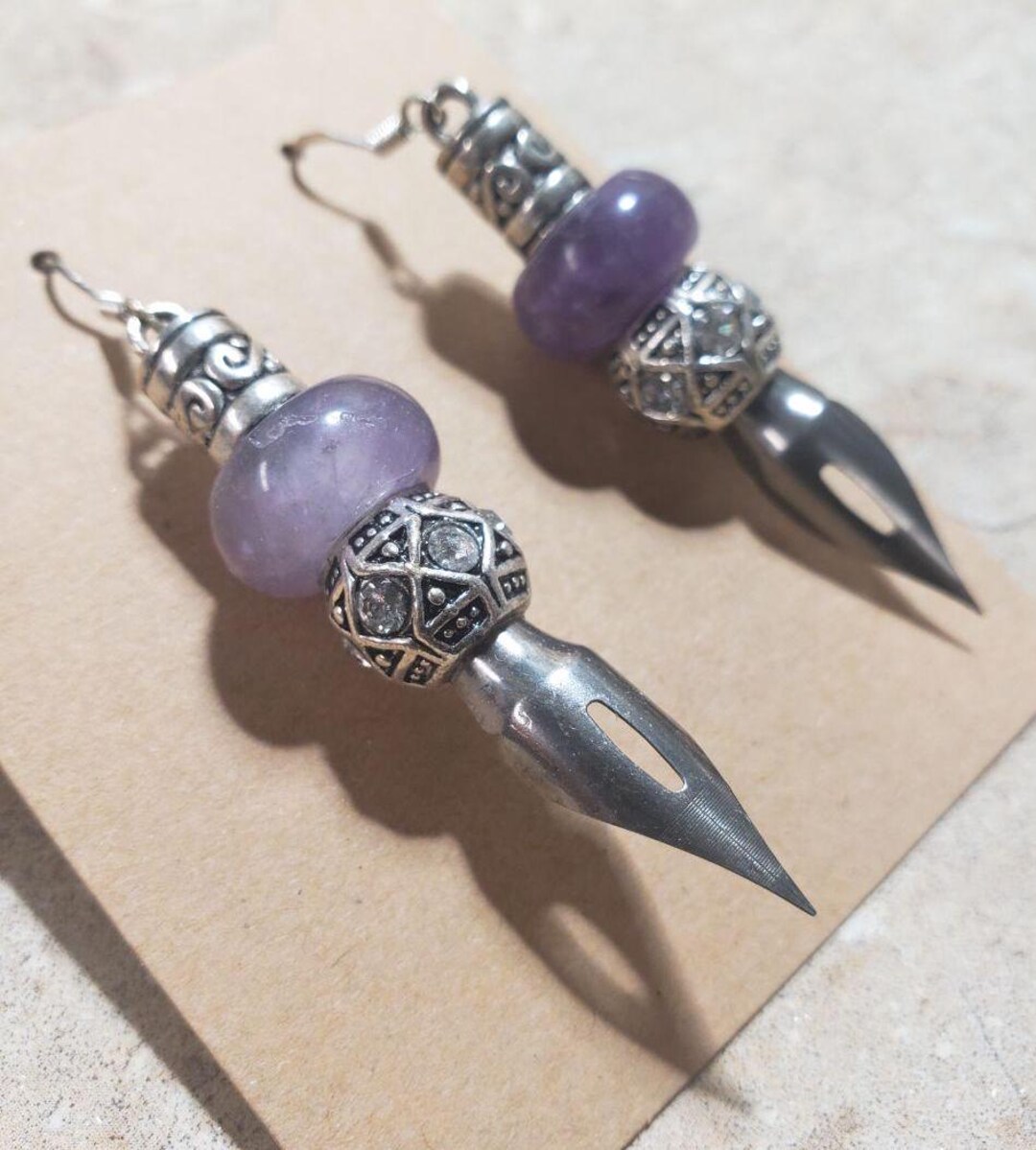 CUSTOM Sterling 925 Hook Nib Tip Quill Pen AMETHYST EARRINGS - Etsy