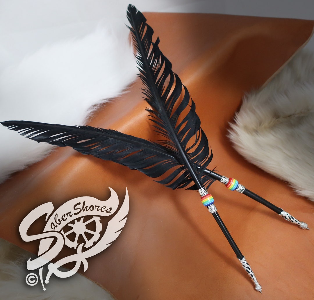 HAND-CRAFTED Feather Quill Ball Point PEN Ravens Wing Rainbow Guestbook ...