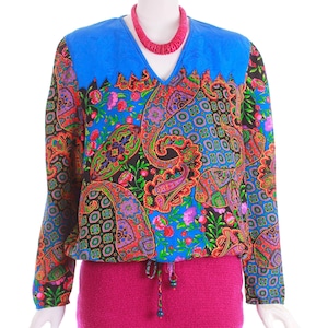 1980s Vintage Diane Freis 100% Silk Blouse in Vibrant Paisley and ...