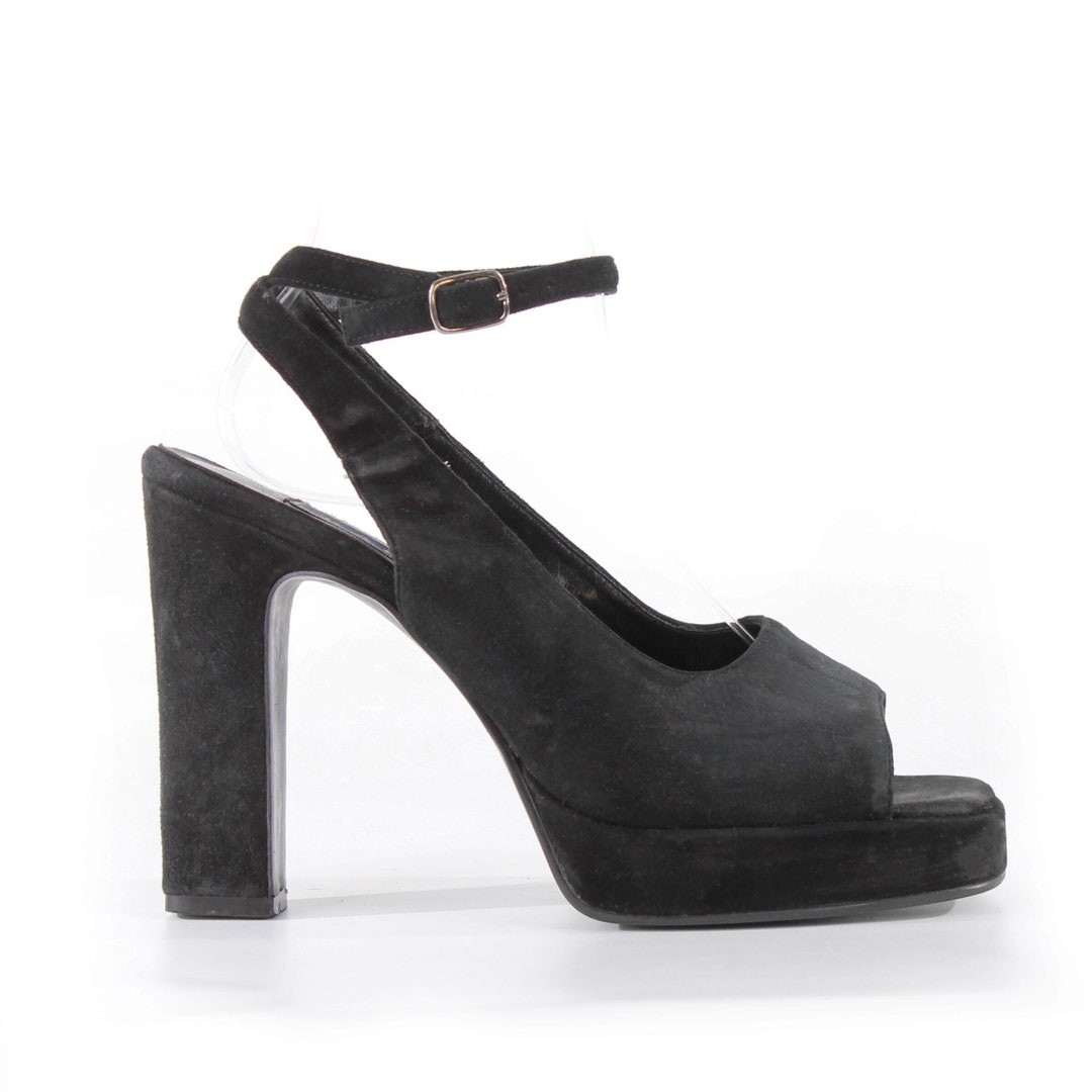 Vintage 90s Bakers Black Suede Platform Strappy High Block Heels Women ...