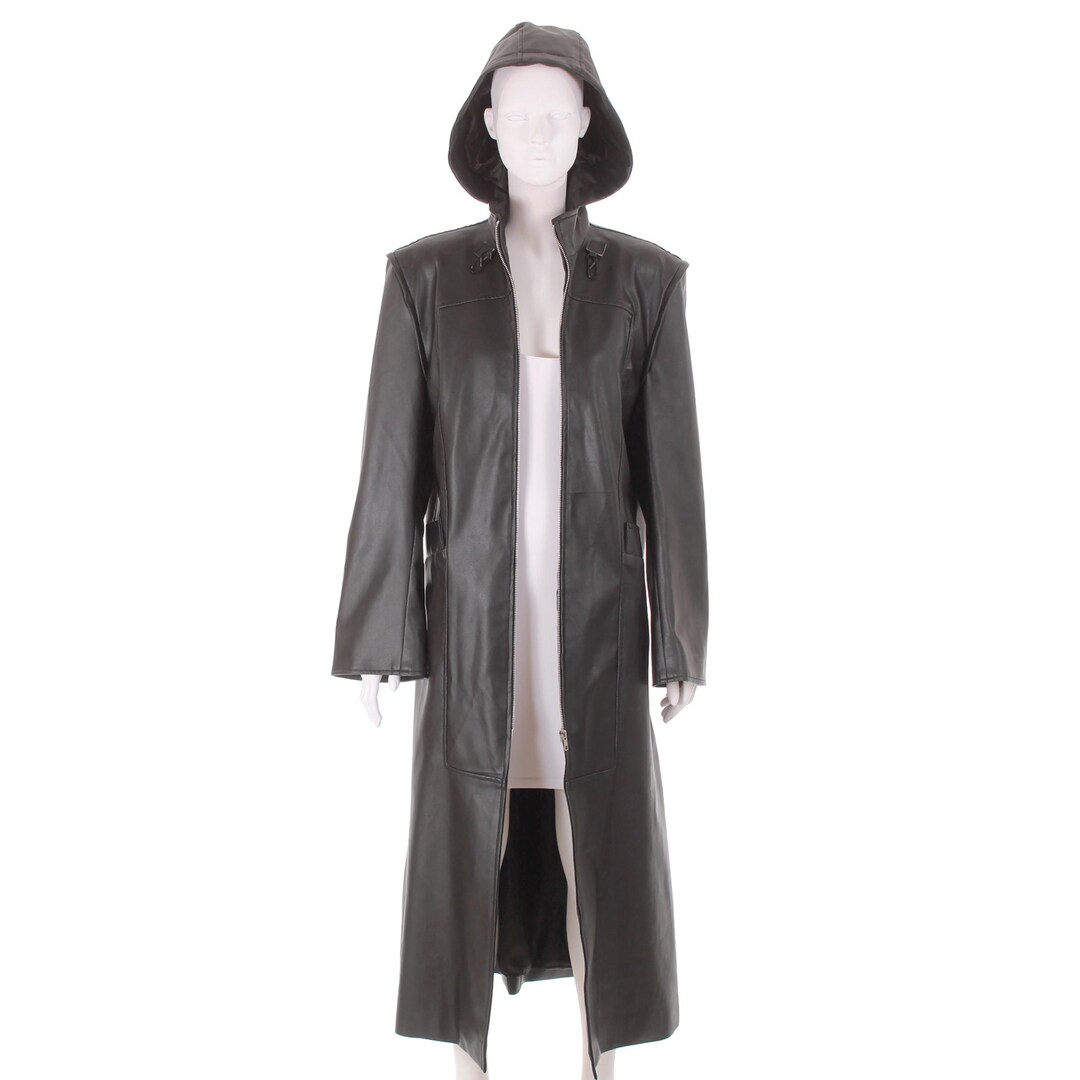 Vintage 1990s Black Faux Leather Hooded Duster Jacket Long Matrix Style ...