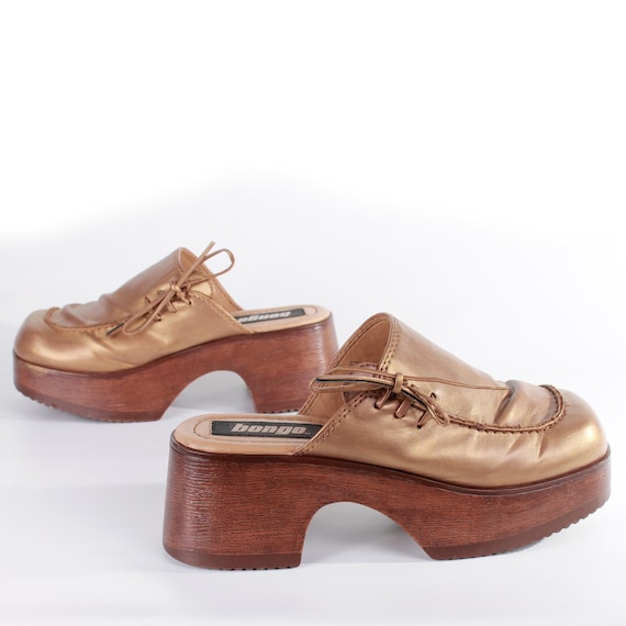 1990s BONGO Bronze Faux Leather Wooden Platform Clogs… - Gem