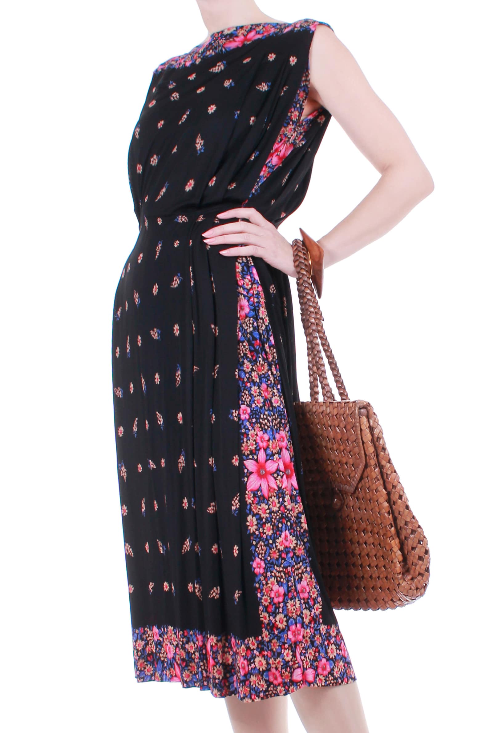 Vintage Gibi Roma Slinky Black Floral Pleated Mid Length Dress | Etsy