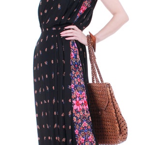 Vintage Gibi Roma Slinky Black Floral Pleated Mid Length Dress Size 8 ...