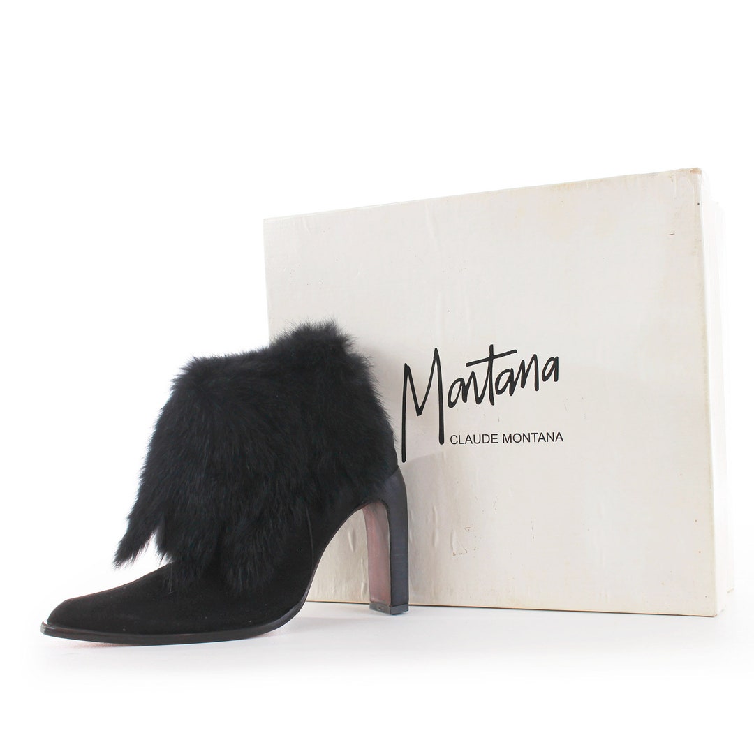 Avant Garde CLAUDE MONTANA Black Suede and Fur Ankle Boots With ...