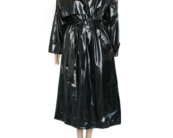 M/L Black Vinyl Trench Coat Long Maxi Shiny Plastic PVC Rain Jacket 90 ...