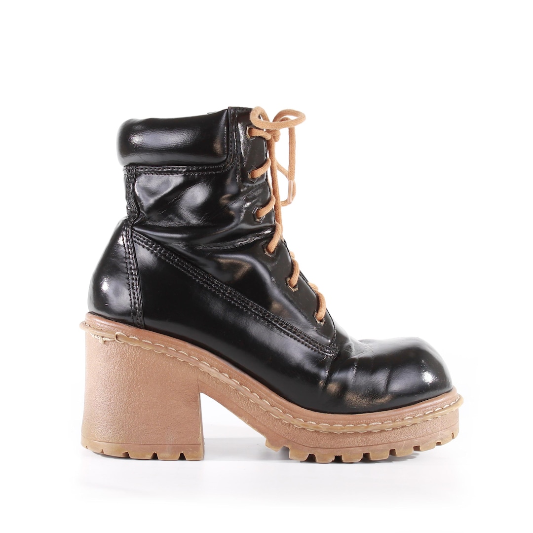 Vintage 90s LEI Platform Chunky Block Heel Lace up Black and Tan Boots ...