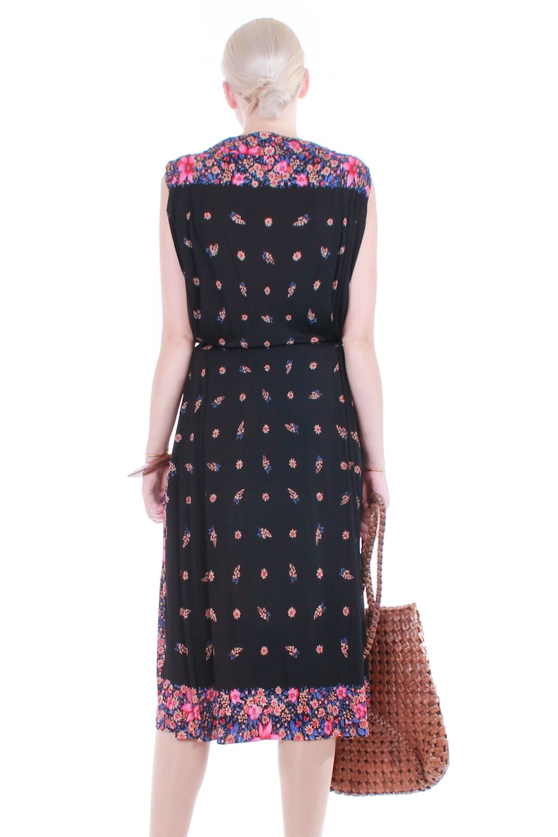 Vintage Gibi Roma Slinky Black Floral Pleated Mid Length Dress | Etsy