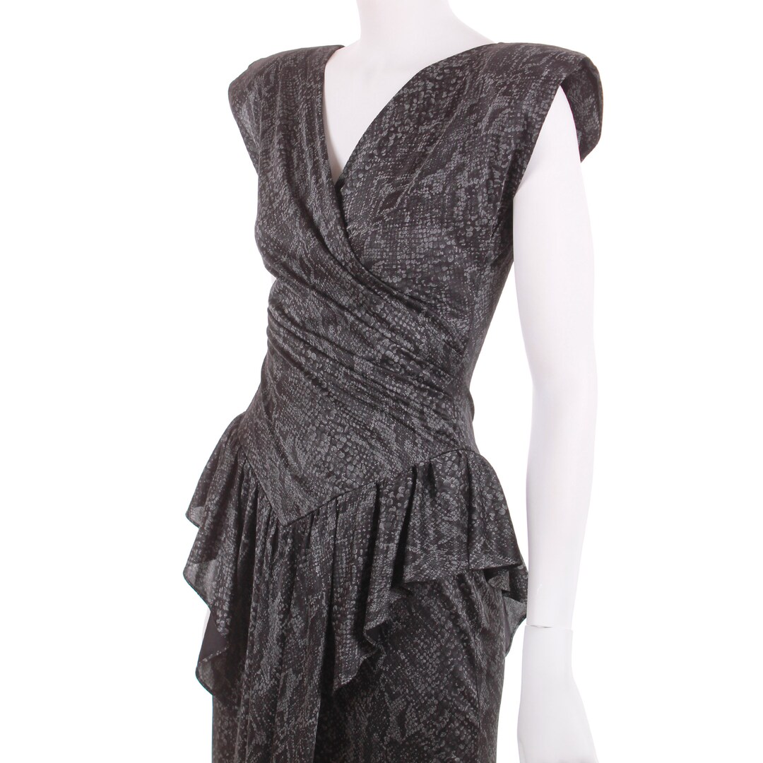 80s Snakeskin Pattern Silver Black Peplum Party Dress by Steppin Out ...