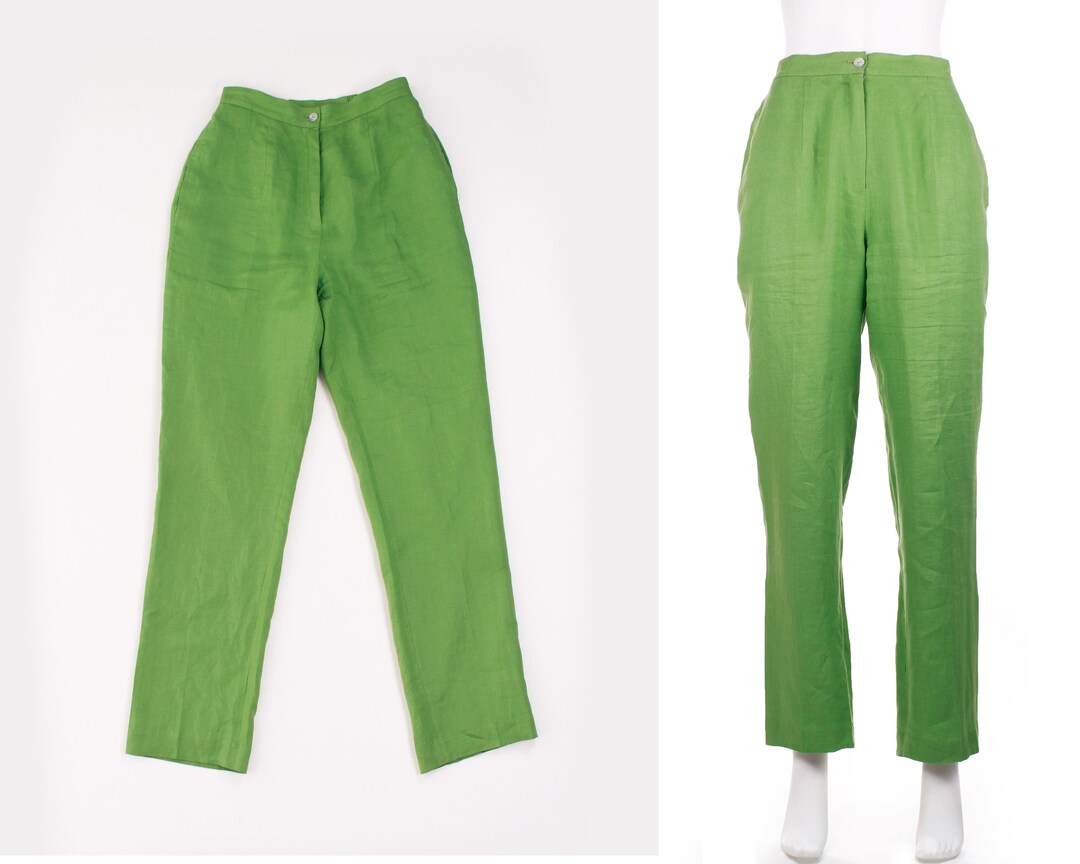 Vintage Green Linen High Waist Pants Size 10 27 30 Waist 40 Hips Vintage Green Linen High Waist Pants Size 10 27 30 Waist 40 Hips