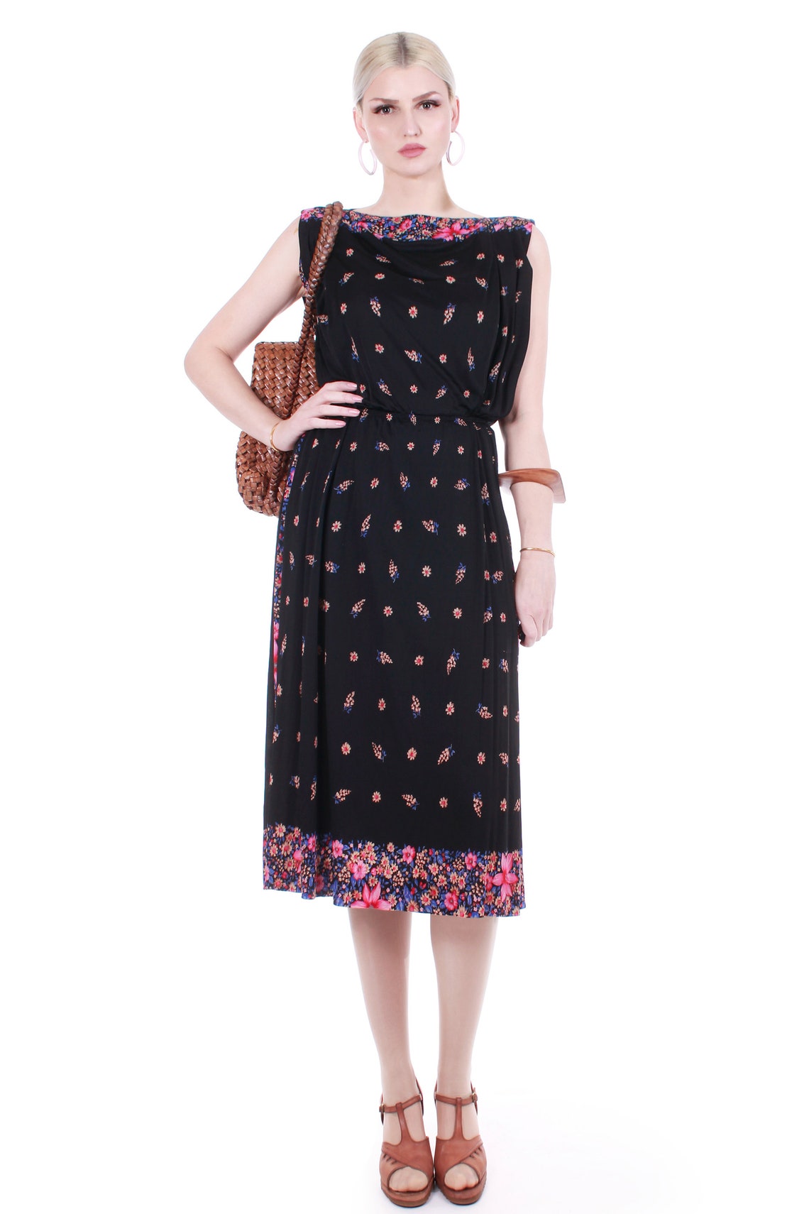 Vintage Gibi Roma Slinky Black Floral Pleated Mid Length Dress | Etsy