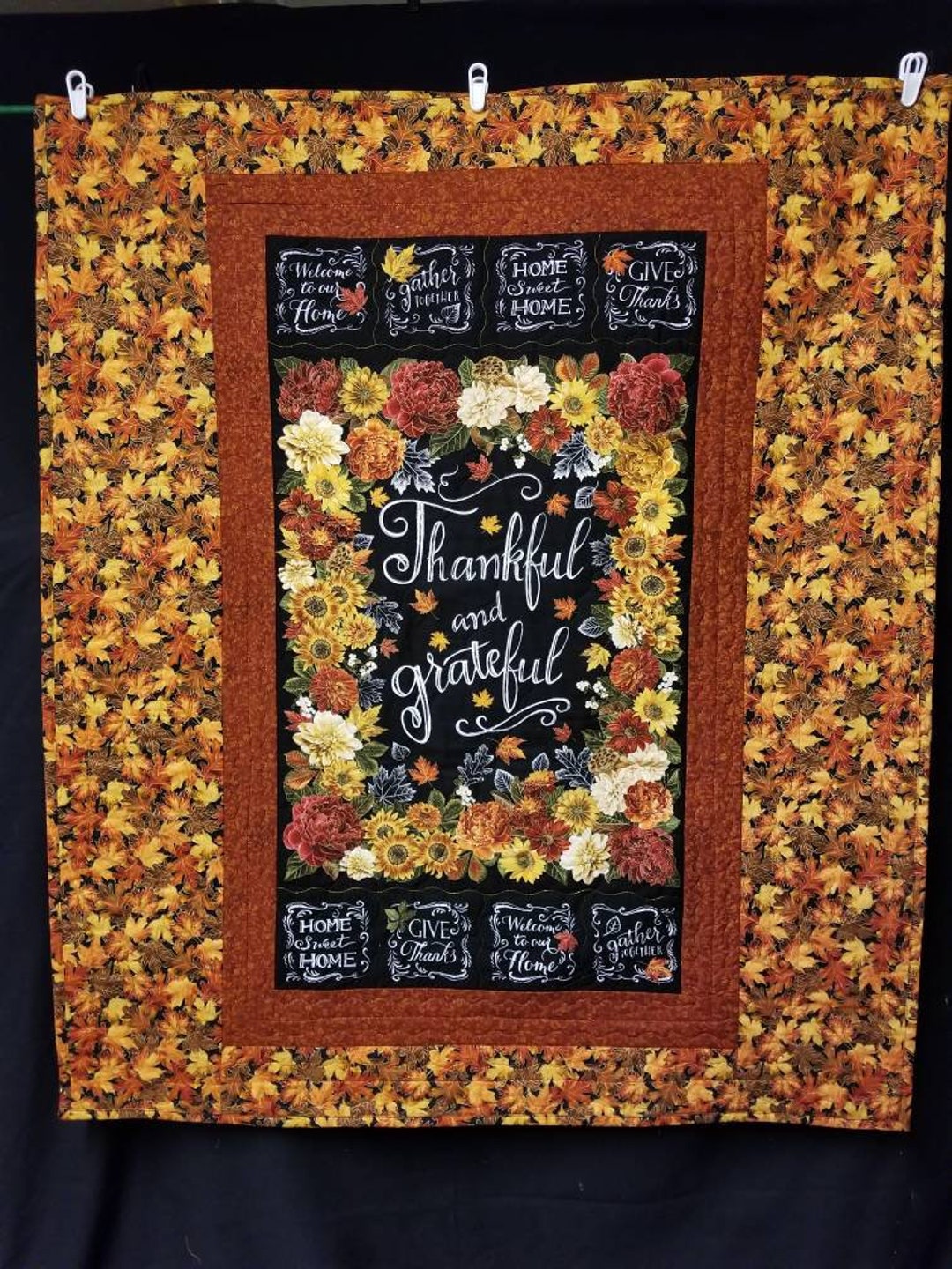 Thankful and Grateful Quilt With Borders of Autumn Leaves. Backing ...