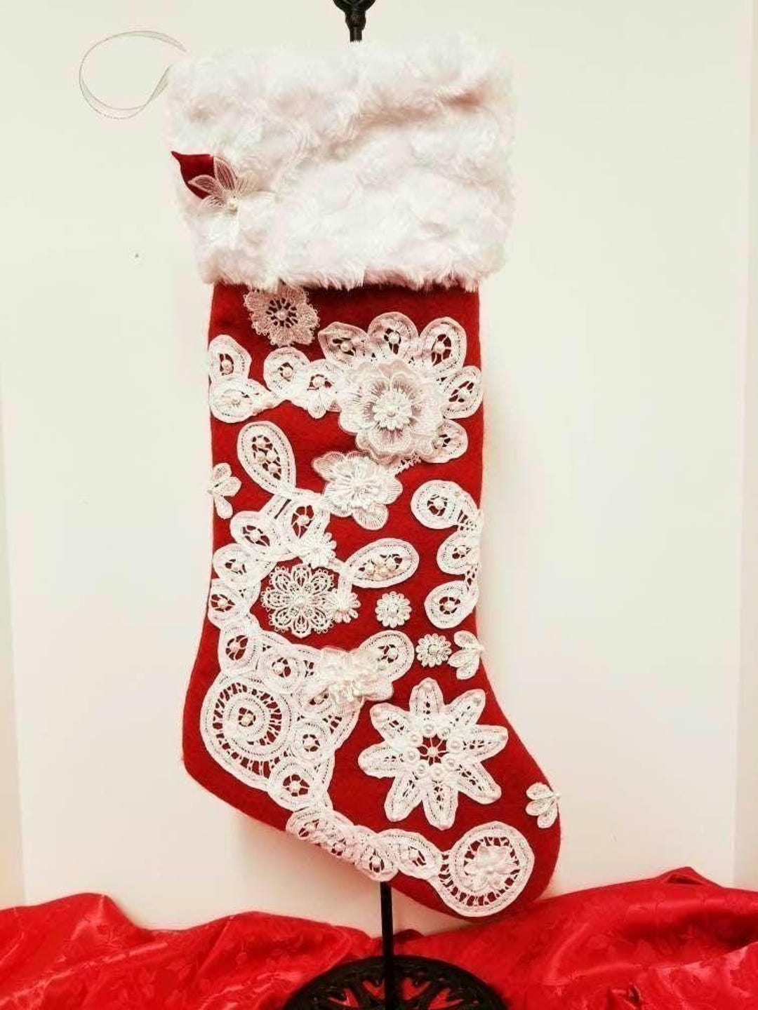 Wool Christmas Stocking With Battenburg Lace N Pearl Accent Handsewn on ...