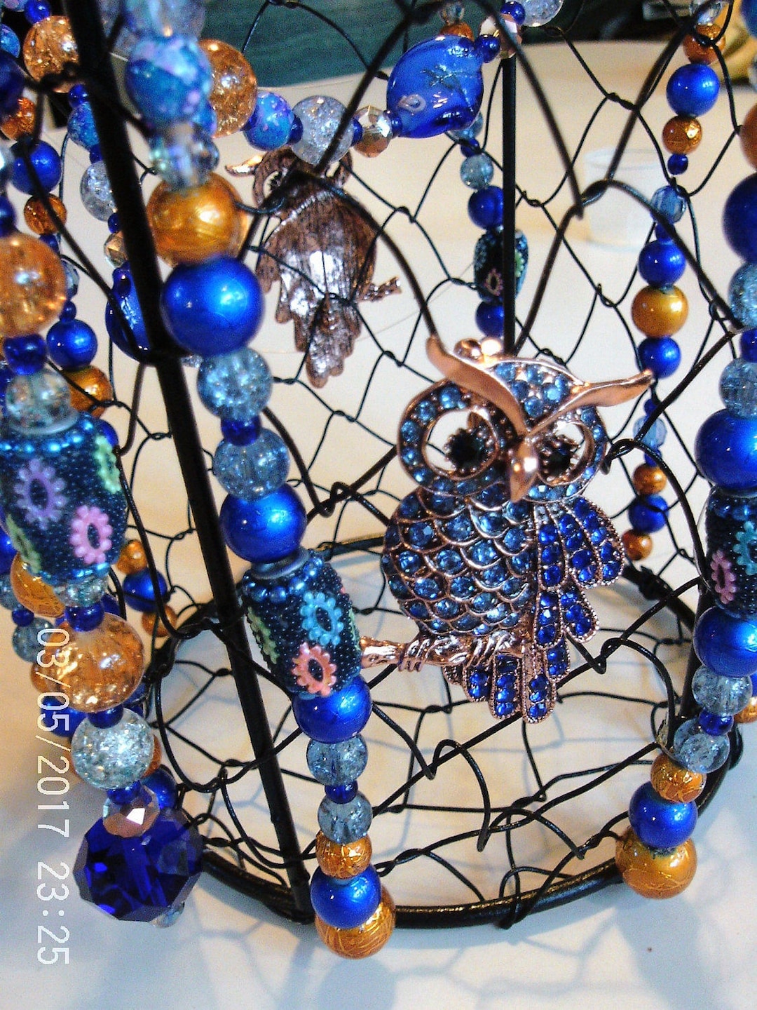 Beaded Owl Hanging Basket, Royal Blue Copper Decor, Adjustable Lengths ...
