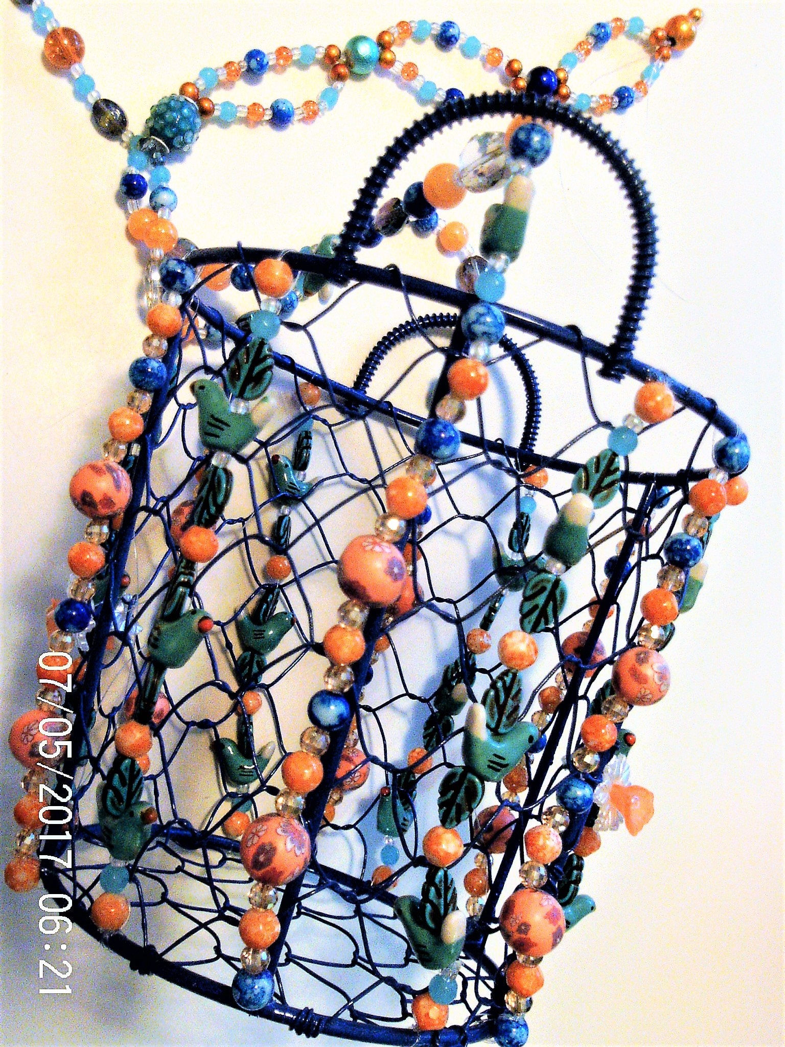 Blue Wire Hanging Basket With Glass Bird & Beaded Flowers - Etsy